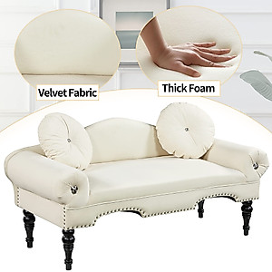 Homtique 54 Inches Velvet Loveseat with Rolled Arm,Mid Century Modern 2 Seater Couch Settee Sofa Entryway Bench with 2 Round Pillows for Living Room Bedroom Small Space (Beige)