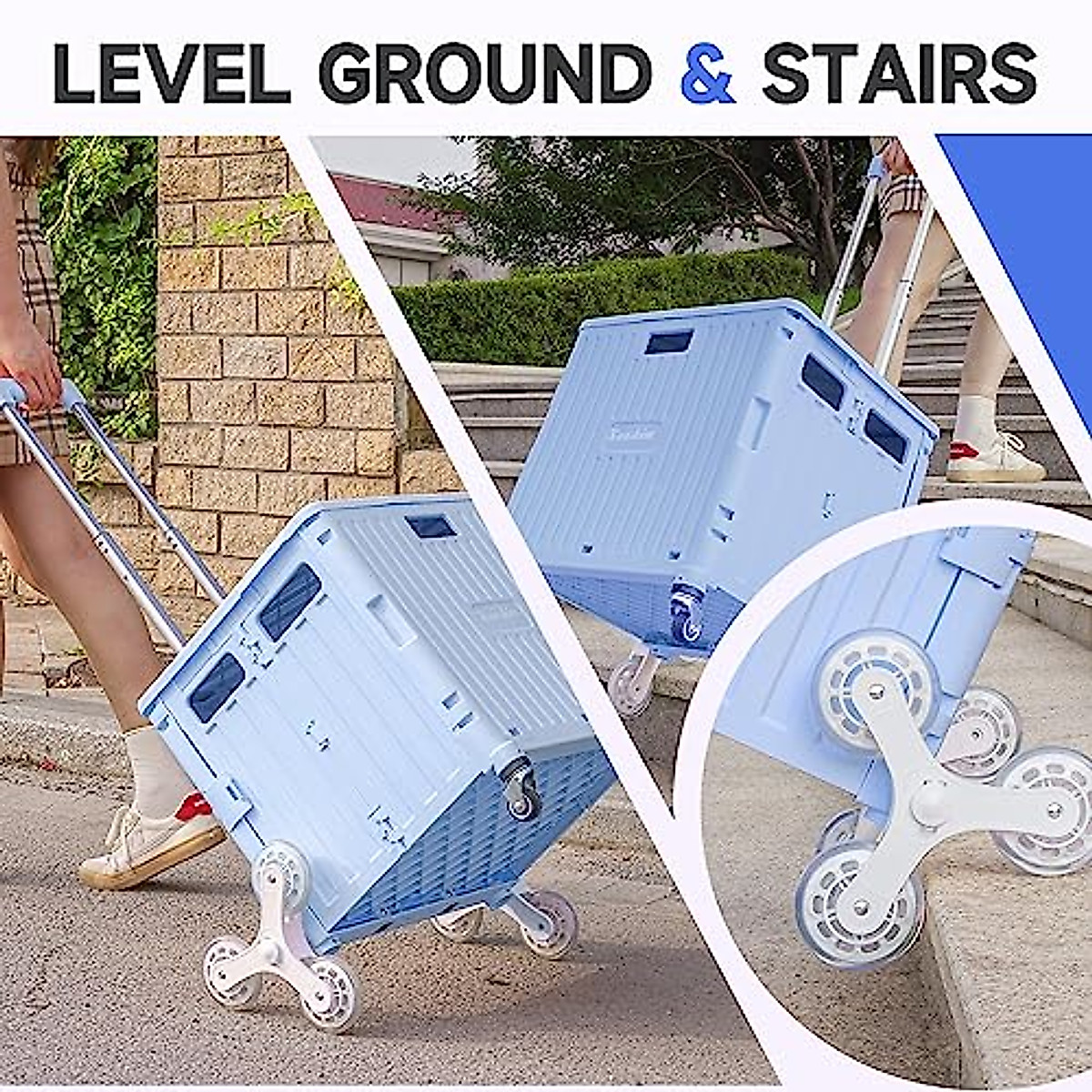 Honshine Foldable Cart with Stair Climbing Wheels, Collapsible Rolling Crate with Telescoping Handle, Handcart for Grocery Book File Tool Art Supplies(Blue)