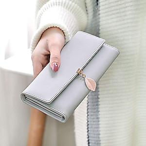 Wallet for Women，PU Leather Leaf Pendant Card Holder Phone Checkbook Organizer Zipper Coin Purse Mother's day best gifts from daughter