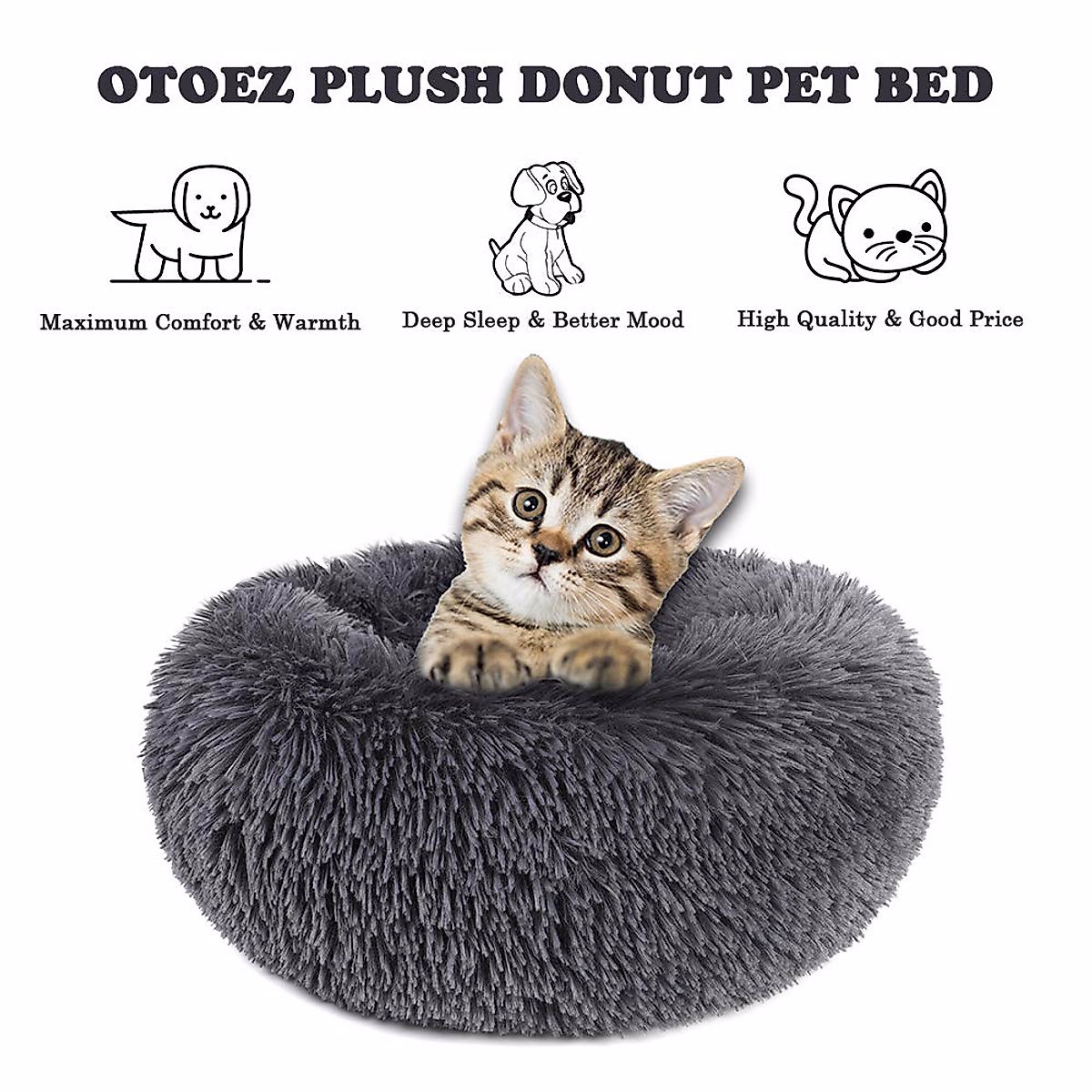 otoez Kitten Puppy Anti-Anxiety Plush Pet Calming Donut Bed With Non-Slip Waterproof Bottom, Washable Small Round Dog Cat Bed (19.7", Dark Grey)