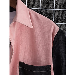 Milumia Men's Casual Button Up Shirt Pocket Short Sleeve Colorblock Blouse Tops Pink and Black Large
