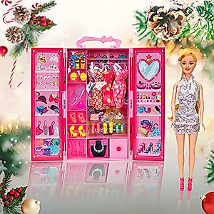 Doll Closet Wardrobe with 11.5” Fashion Doll and and Doll Accessories, Including 4 Dresses, 3 Pairs of High Heel Shoes, Tote Bag and Doll's Hair Clips, Gift for Girls for Christmas and Birthday