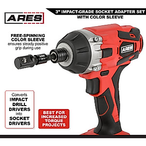 ARES 22011-3-Piece 3-Inch Impact Grade Socket Adapter Set with Color Sleeve - Turns Power Drill into High Speed Nut Driver - 1/4-Inch, 3/8-Inch, and 1/2-Inch Drive