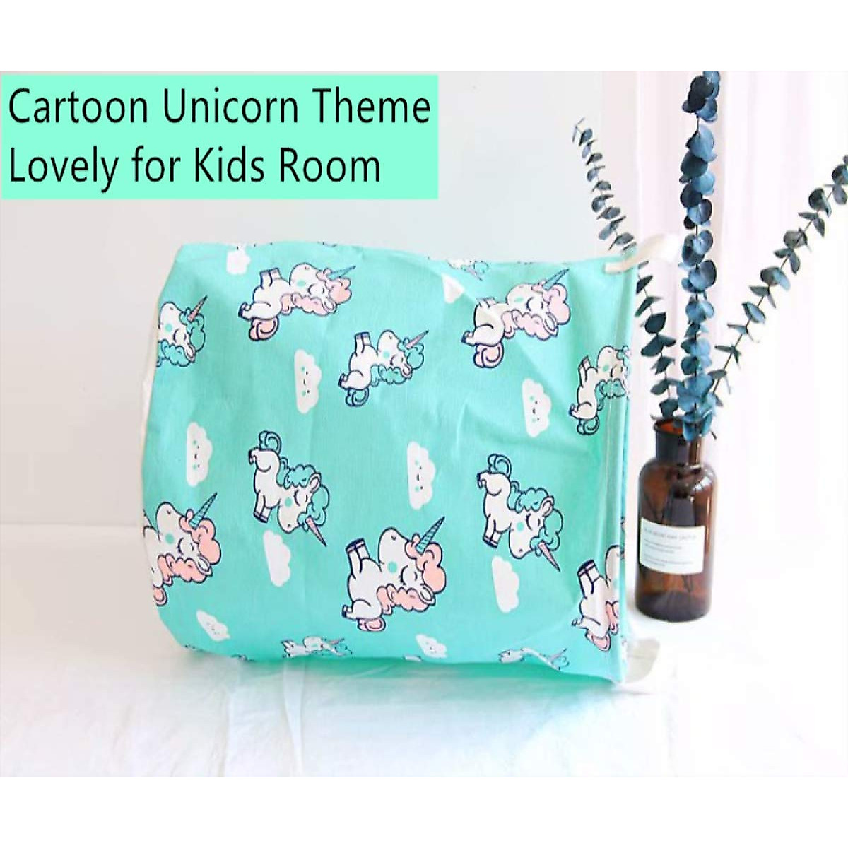Large Laundry Storage Baskets, Unicorn Kids Baby Hampers, Canvas Home Organizer Containers for Girls, Kids Toys, Baby Clothing, Teal Blue