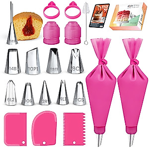 RFAQK 30PCs Piping Bags and Tips Set with EBook - Frosting Piping Kit with 10 Piping Tips,10 Pastry Bags, 2 Reusable Bags, 3 Icing Scrapers, 2 Couplers & 2 Ties for Cookies Cake Decorations (Pink)