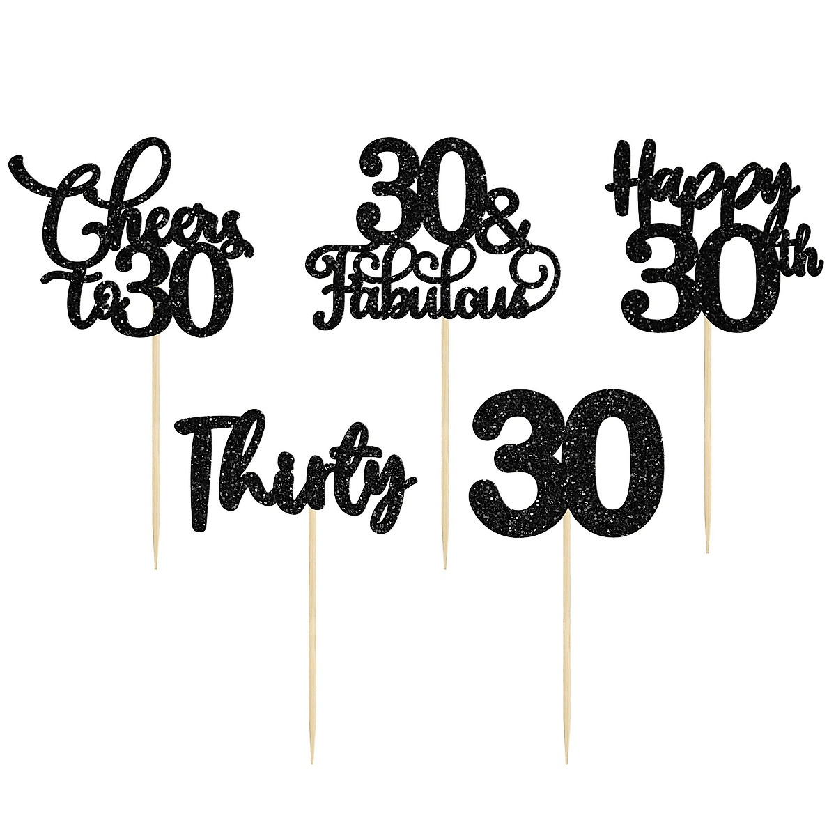 30 Pack Happy 30th Birthday Cupcake Toppers Black Glitter Thirty Cheers to 30 Birthday Cupcake Picks for Happy 30th Birthday Anniversary Party Cake Decorations Supplies