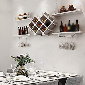 Wall Mounted Wine Rack, Modern Diamond-Shaped Set of 5 Wine Rack Wall Mounted Wooden Wine Holder Shelf Shelves and Glass Holder Rack Insert Display Rack Multifunctional Storage Shelf (White/Black)