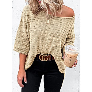 Dokotoo Womens Fashion Casual Spring Summer Shirts and Blouses for Women 2024 Pullover Sweater Off Shoulder T-Shirts 3/4 Sleeve Tunic Tops Loose Shirts Apricot Large
