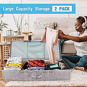 TheElves Under Bed Storage With Lids,2 Pack Foldable Stackable Underbed Storage Containers with 3 Handles,Under Bed Storage Drawer for Clothes Books Toys Shoes Pillows-Grey