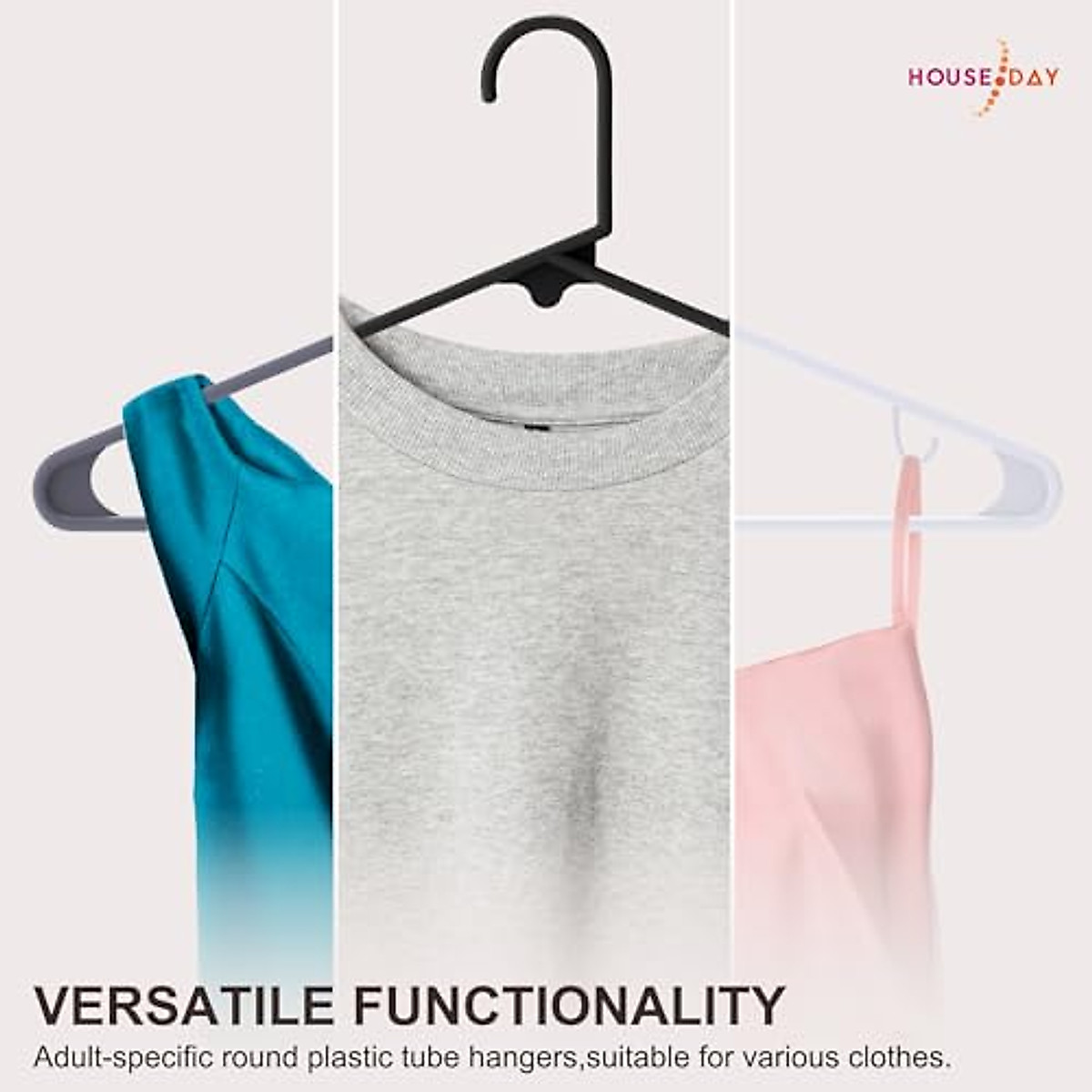 HOUSE DAY Plastic Hangers White 50 Pack Durable & Space Saving Clothes Hangers Bulk Suit & Coat Hangers with Non-Slip Hook Closet Hangers Lightweight Hangers for Clothing, Shirts, Pants, Dresses