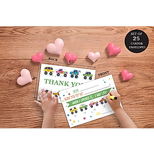 QOFO Car Truck Fill in the Blank Thank You Cards,Thank You Notes,Gender Neutral Thank You Cards,For Boys Girls Birthday Party,Event,or Holiday Use,Thank You Notes with Envelopes Set of 25-GXK09