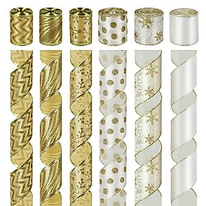 Arquiel 6 Rolls Christmas Ribbon Wired, 2.5" x 6 Yards Gold Ribbons Ornaments with Glitter for Xmas Tree Gift Wrapping Bow Decoration, White & Gold Ribbons