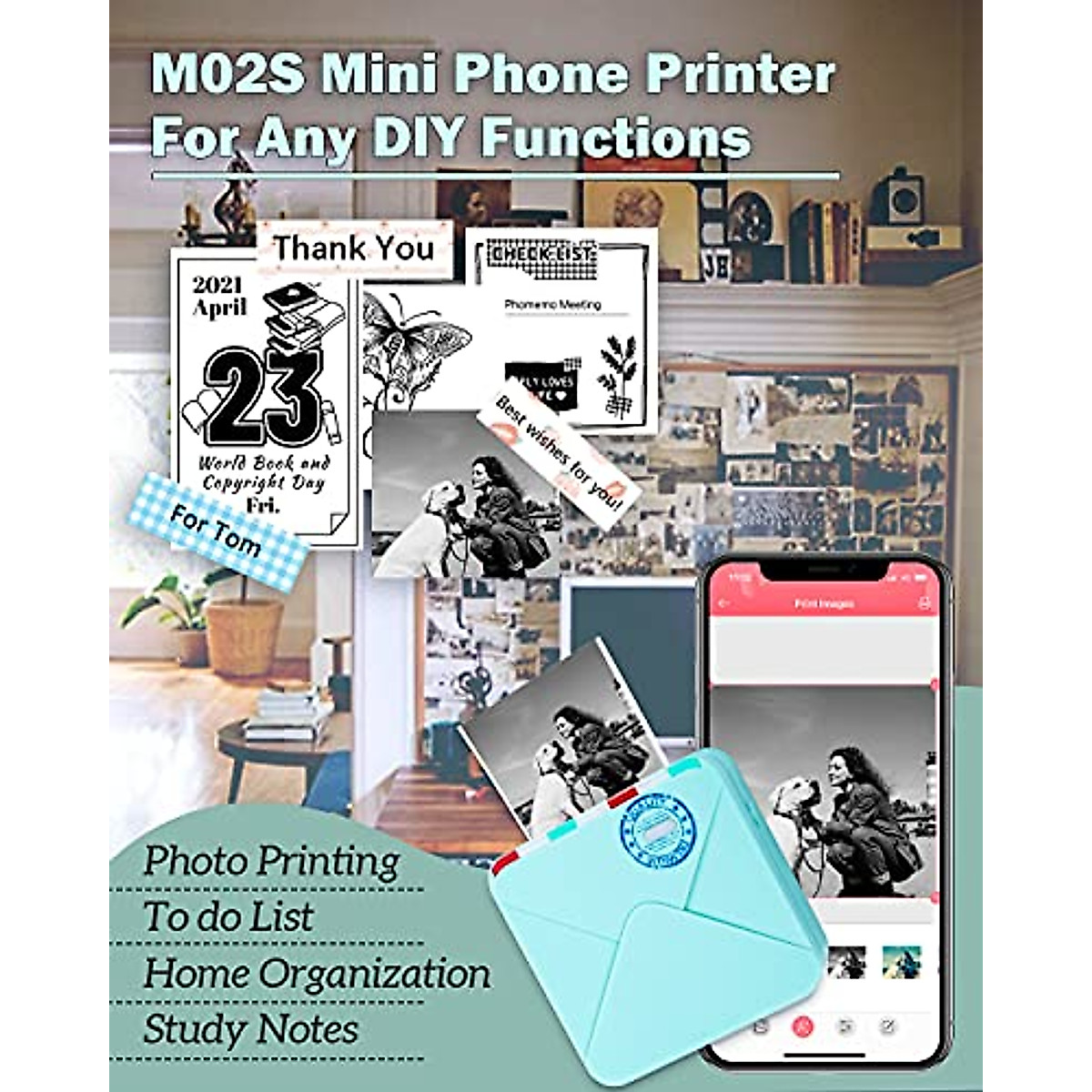 Phomemo Pocket Printer- M02S 300dpi Portable Bluetooth Inkless Mini Phone Printer- Note Printer for DIY Creation, Photo Printing, Study Notes, Cyan