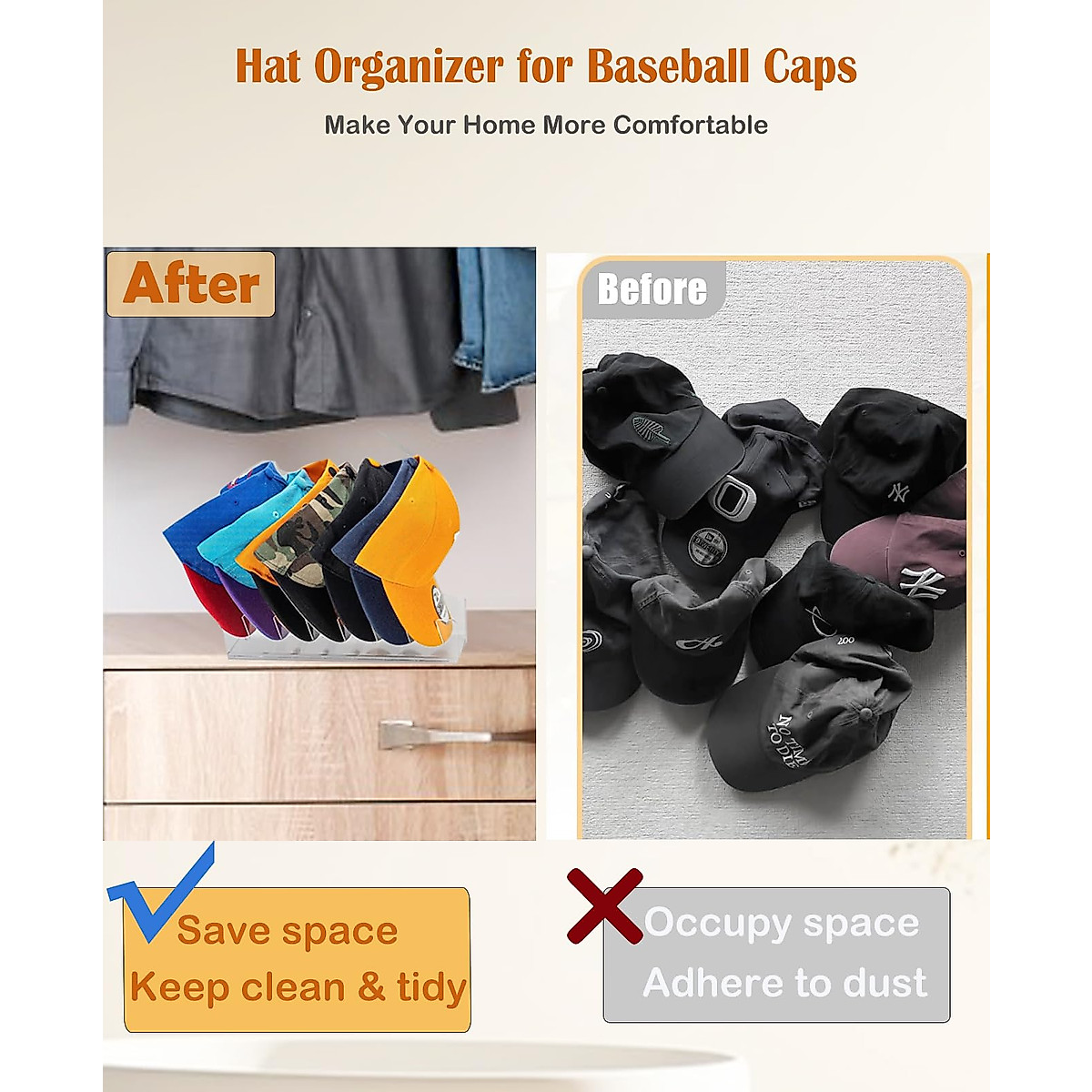 Newest Hat Organizer for Baseball Caps, 2Pcs Hat Racks, No Install Acrylic Hat Stand for 14 Baseball Caps for Bedroom, Closet, Dresser, Hat Holder Display and Organizer for Berets, Duckbill Caps, Etc
