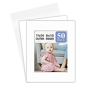 Golden State Art, Acid Free, Pack of 50 11x14 White Picture Mats Mattes with White Core Bevel Cut for 8x10 Photo + Backing + Bags