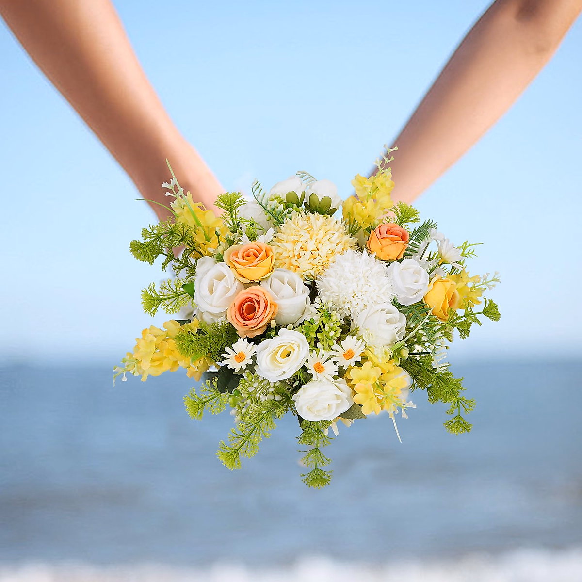 HO2NLE 2pcs Artificial Flowers Silk Daisy Plastic Chrysanthemum Outdoor Fake Flowers Faux Plastic Chrysanthemum for Home Wedding Hanging Garden Porch Window Box Décor Yellow