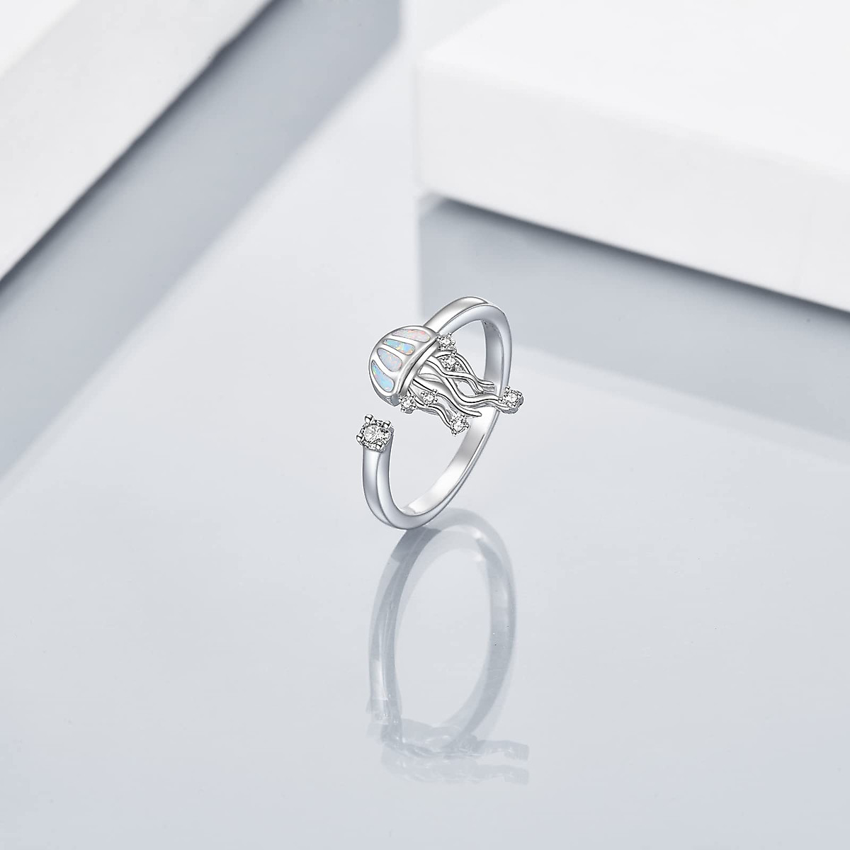 WINNICACA Jellyfish Gifts for Women Sterling Silver Jellyfish Rings for Women Jellyfish Jewelry Created Opal Rings Cute Animal Rings for Women Adjustable Ocean Ring