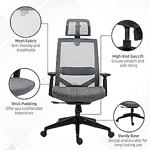 Vinsetto Mesh Fabric Home Office Task Chair with High Back, Adjustable Seat, Recline, Headrest and Lumbar Support, Grey