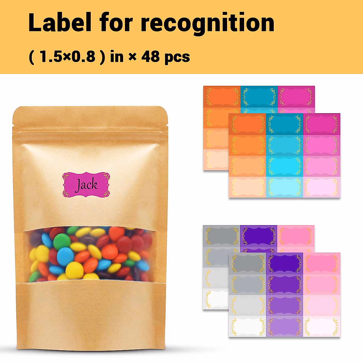 Kraft Bags With Window, 100 pcs 5.5" x 7.8", Stand Up Pouches, Sealable Bags for Packaging, Zip Lock Bags With Stickers and Spoon, For Cookie Bags/Candy Bags/Coffee Bags/Food Storage Bags (Brown)