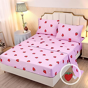 SDY 4PCS Strawberry Bedding Sheets,Queen Size Red and Pink Strawberry Print Sheet Set with 1 Kawaii Top Flat Sheet + 1 Deep Pocket Fitted Sheet + 2 Pillowcases for Teen Girls