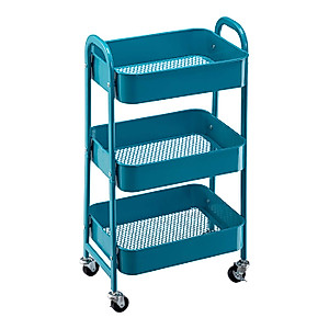 AGTEK Makeup Cart, Movable Rolling Organizer Cart, 3 Tier Metal Utility Cart, Peacock Blue Storage Cart