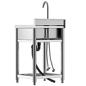 Stainless Steel Utility Sink, Free Standing Single Bowl Kitchen Sink with Cold and Hot Water Faucet, Commercial Sink for Restaurant Bar Cafe and Hotel, Indoor and Outdoor Sink, 21.7 in