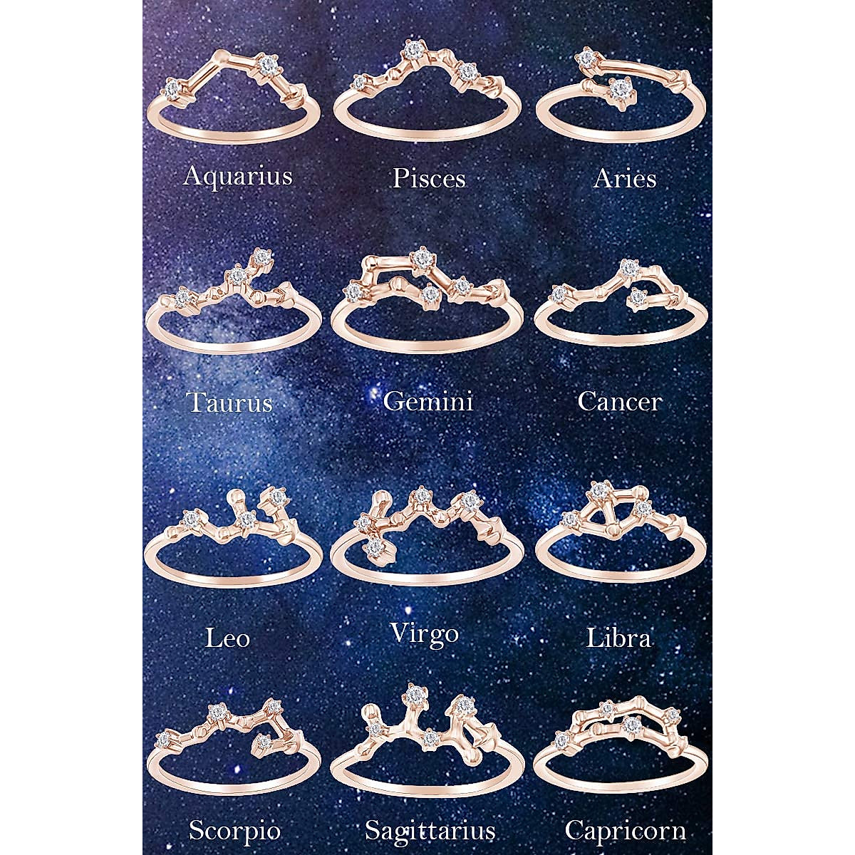 AFFY 1/10 Carat Natural Round Diamond Celestial Star Horoscope Astrology Virgo Zodiac Sign Ring In 14k Rose Gold Over Sterling Silver (0.1 Cttw, H-I Color, I1-I2 Clarity) Ring Size - 7.5