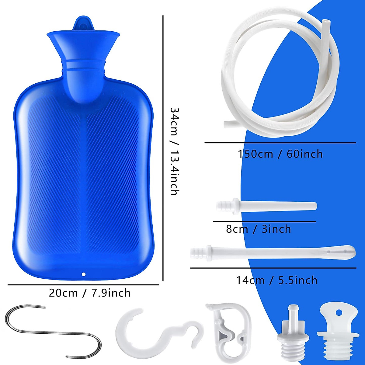 2 L Enema Bag ，Coffee Enema Bag Kit with 5.0 ft. Long Silicone Hose ,2 Multi-Size Reusable Tips, Controlable Water Flow Valve- Coffee, Shower, Douche & Home Adult Enema Kit（Blue）