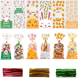 VEYLIN 120Pcs Easter Cellophane Goodie Bags, Plastic Easter Treat Bags Candy Cookie Bags with 150pcs Twist Ties 5” x 11”