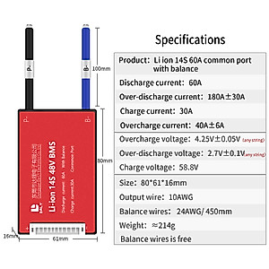 DALY BMS 14S 48V 60A Li-ion 3.7V Battery Protection Module PCB Protection Board with Balance Leads Wires BMS for 18650 Battery Pack 48V