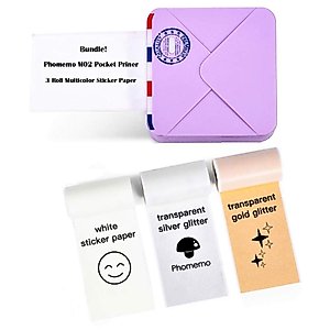 Phomemo M02s Mini Bluetooth Thermal Pocket Printer (Purple) with 3 Rolls Adhesive White/Gold/Silver Glitter Sticker Paper, Compatible with iOS + Android for Plan Journal, Study Notes, DIY, Work, Gift