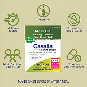 Boiron Gasalia Tablets for Relief from Gas Pressure, Abdominal Pain, Bloating, and Discomfort - 120 Count (2 Pack 60)