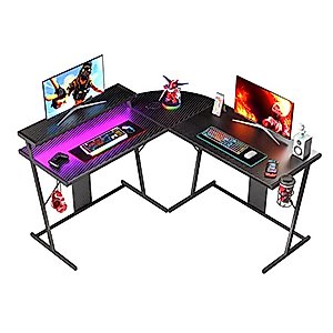 Bestier 55 Inch Gaming Desk with Led Lights L Shaped Corner Gamer Desk with Long Monitor Shelf Cup Holder Headset Hook Home Office Desk, Carbon Fiber Black