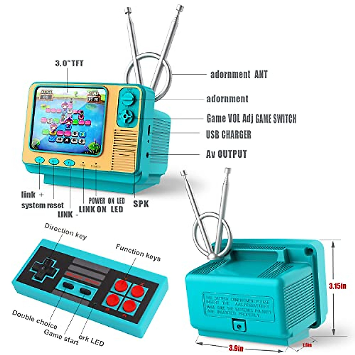 Retro Video Games Console for Kids Adults Built-in 308 Classic Electronic Game 3.0'' Screen Mini TV Games Console Support TV Output and USB Charging Birthday Xmas Gift for Boys Girl 4-12 (Blue)