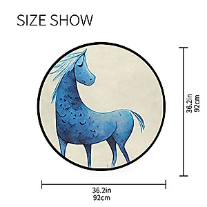 Vnurnrn Abstract Blue Horse Round Area Rug, Non Slip Indoor Throw Area Rug, Washable Circle Carpet Floor Mat for Living Room, Door Mat Entryway, Bedroom, Sofa, 3 Ft