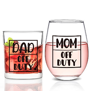 Modwnfy New Parents Gifts for Couples, Mom & Dad Off Duty Stemless Wine Glass & Whiskey Glass, New Parents Gifts First Time Parents Gifts New Mom and Dad Gifts for Mother Day Father Day Christmas