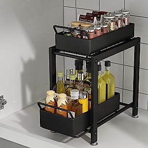Okllen 2-Tier Under Sink Cabinet Organizer with Sliding Storage Drawer Baskets, Steel Bathroom Sink Organizer Spice Rack Storage Shelf, Countertop Organizer Rack for Kitchen, Office, Black