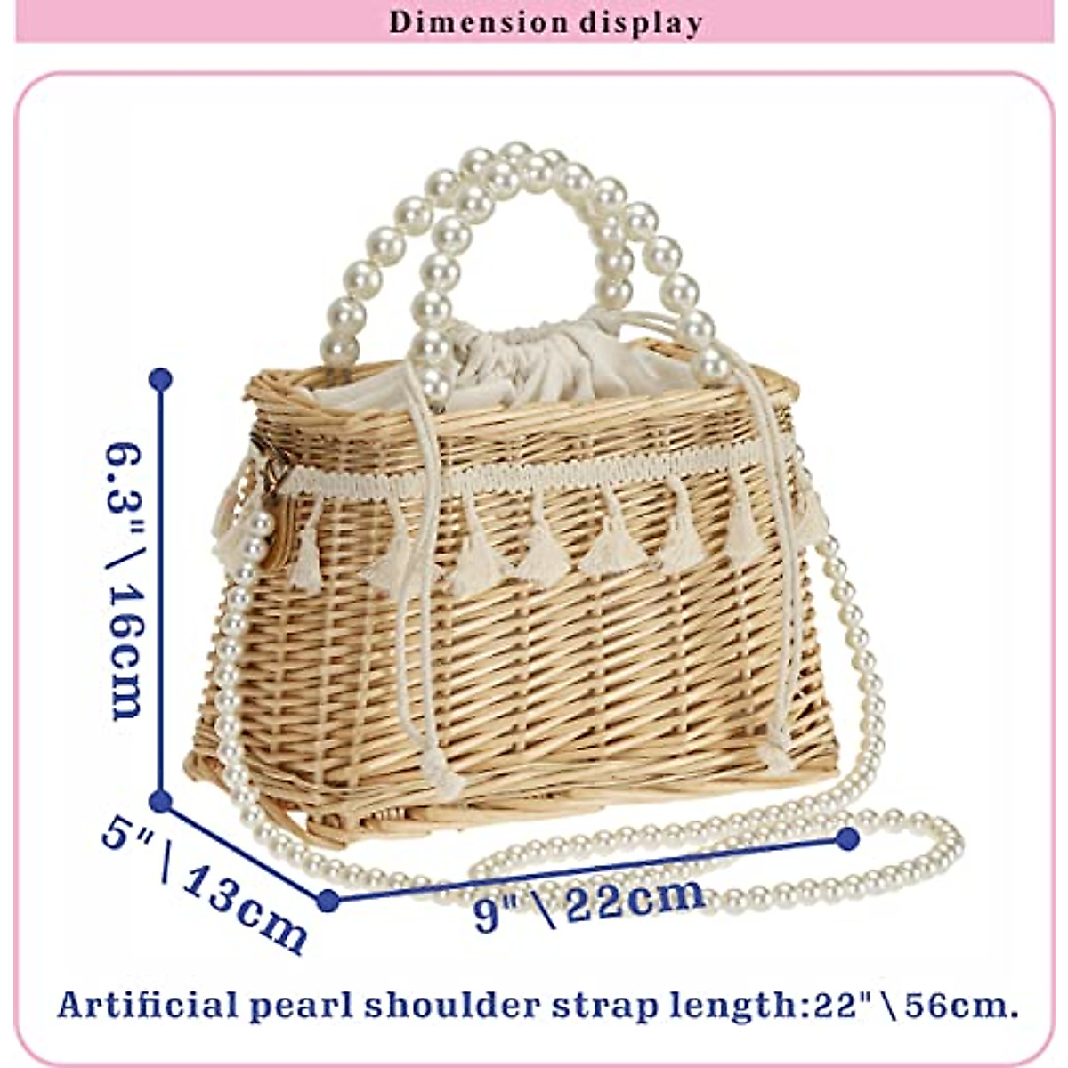 TaiGuri Women's Handmade Rattan Basket Artificial Pearl Woven Purse Handbag Tote Shoulder Bag Beige