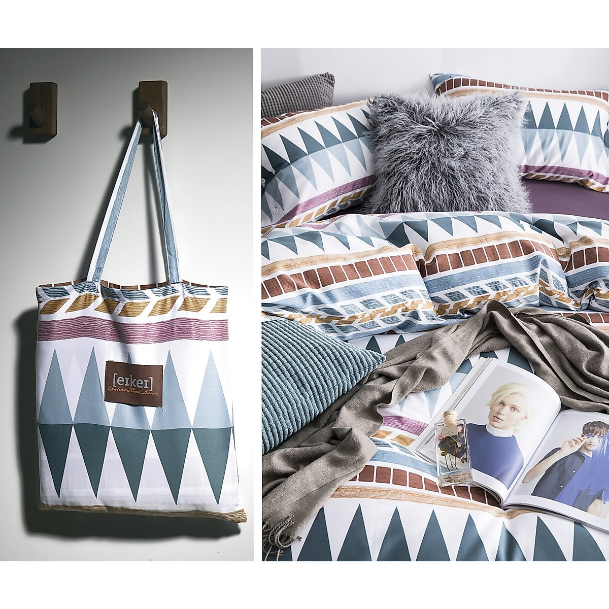 Bohemian Duvet Cover Striped Ethnic Boho Reversible Southwestern 400TC Cotton Bedding 3pc Set Navy White Orange Modern Geo Aztec Print (Queen, Teal Rust)