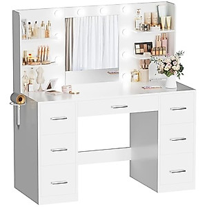Acurax Makeup Vanity Desk with Mirror and 10 Lights, Table with 7 Drawers and 4 Open Shelves, 3 Color Modes and Adjustable Brightness, Charging Station for Bedroom, White