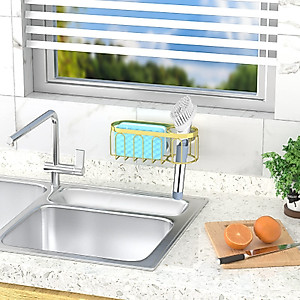 Yazoni 2-in-1 Sponge Holder for Kitchen Sink, Suction Cup Sponge Rack Kitchen Sink Caddy, No Drill Rustproof Kitchen Sink Organizer for Place Dishwashing Brush Soap and Sponge (Gold)