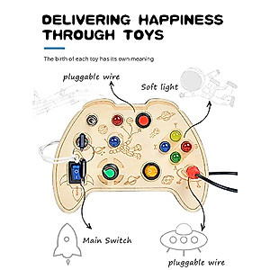 HOOLYUK Montessori Busy Board Toy for 1 2 3 Year Old Boy, Wooden Controller Sensory Toy for Autistic Children with LED Light Up Buttons, Early Learning Fidget Toy Great for Gift