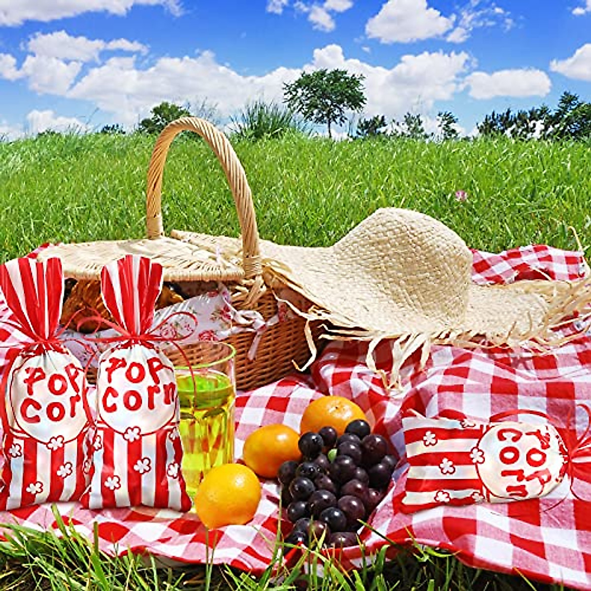 100 Pieces Popcorn Cellophane Bags Carnival Goodie Bags Red and White Stripe Treat Bags with A Roll of Red Ribbon for Chocolate Candy Snacks Cookies Carnival Birthday Party Supplies