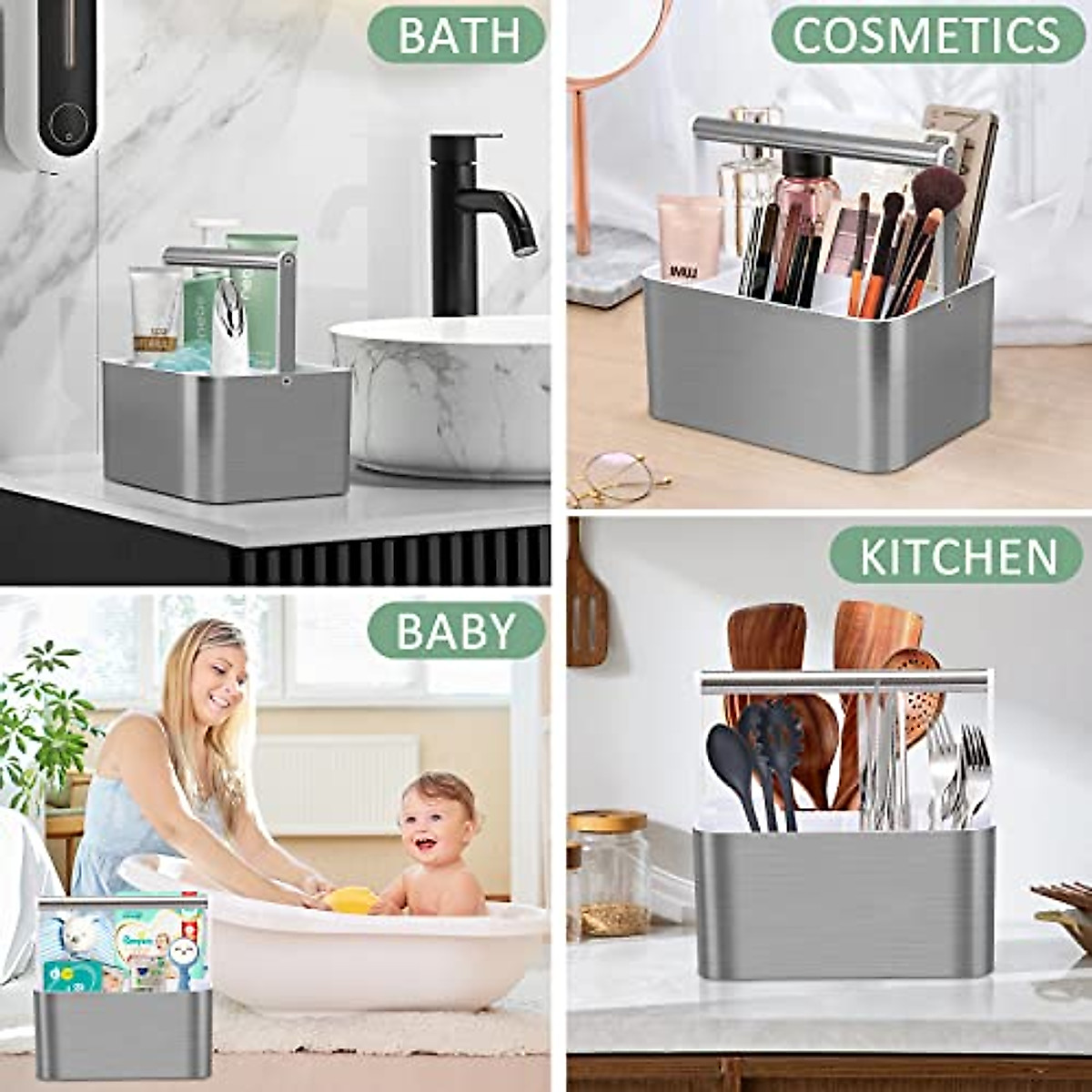 BYUNER Plastic Shower Caddy Basket - Portable Large Bath Storage Organizer Bin Tote with Handle and divider for College Dorm,Cabinet,Bathroom Counter, Brushed Nickel White