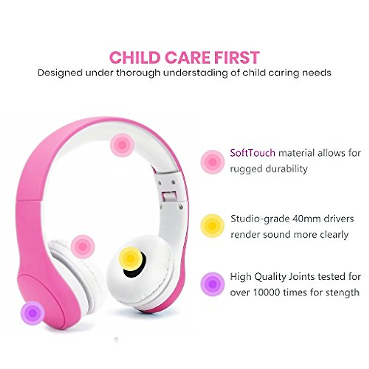 KPTEC [Volume Limited Kids Safety Foldable On-Ear Headphones with Mic, Volume Controlled at Max 93dB to Prevent Noise-induced Hearing Loss (NIHL), Passive Noise Reduction, Wired Earbuds,Pink