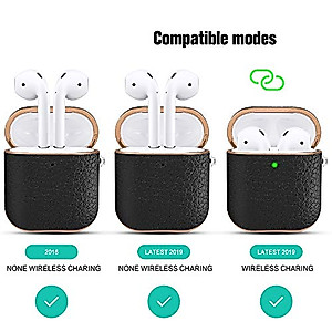 iHillon Compatible with Airpods 2 Case Cover, Genuine Leather TPU Full Protective Case with Keychain Compatible with Airpods 2 & 1 Support Wireless/Wired Charging (Front LED Visible) Black