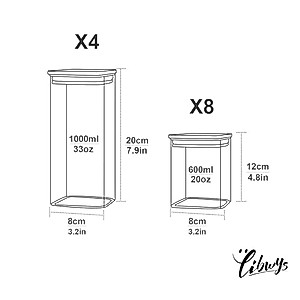 LIBWYS Square Pantry Glass Storage Jars with Bamboo Lids Set of 12, 297oz Airtight Food Containers Kitchen Storage Jars - Dishwasher Safe (12pack)