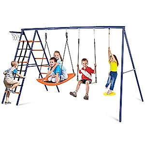 Swing Sets for Backyard 550 lbs - 6 in 1 Multifunction Kids Swing Set Outdoor Heavy Duty Extra Large Metal Swing Frame with 3 Adjustable Swing Climbing Net Climbing Ladder Basketball Hoop