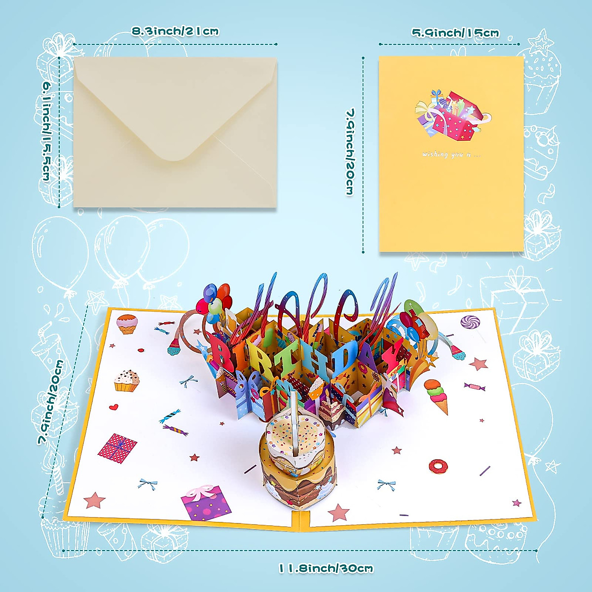 3D Musical Birthday Card, Blowable LED Light Candle 3D Birthday Popup Cards with Music, Blow Out Led Light Candle, and Play Happy Birthday Music for Kids Men and Women