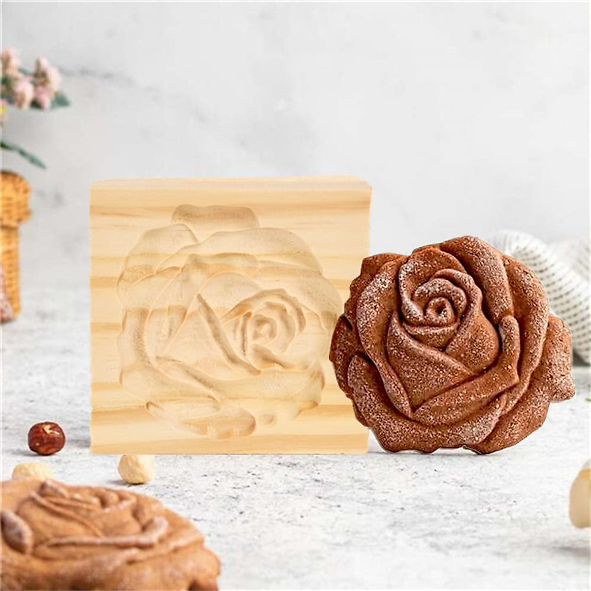 Ouhoe Cookie Cutter Embossing Mold,Pine Cone & Rose 2PC Funny Wooden Cookie Stamps for Baking,Gingerbread Mold,Pine Cone Mold,Baking Moulds. (Pine Cone & Rose), 10 x 10 x 2.5cm